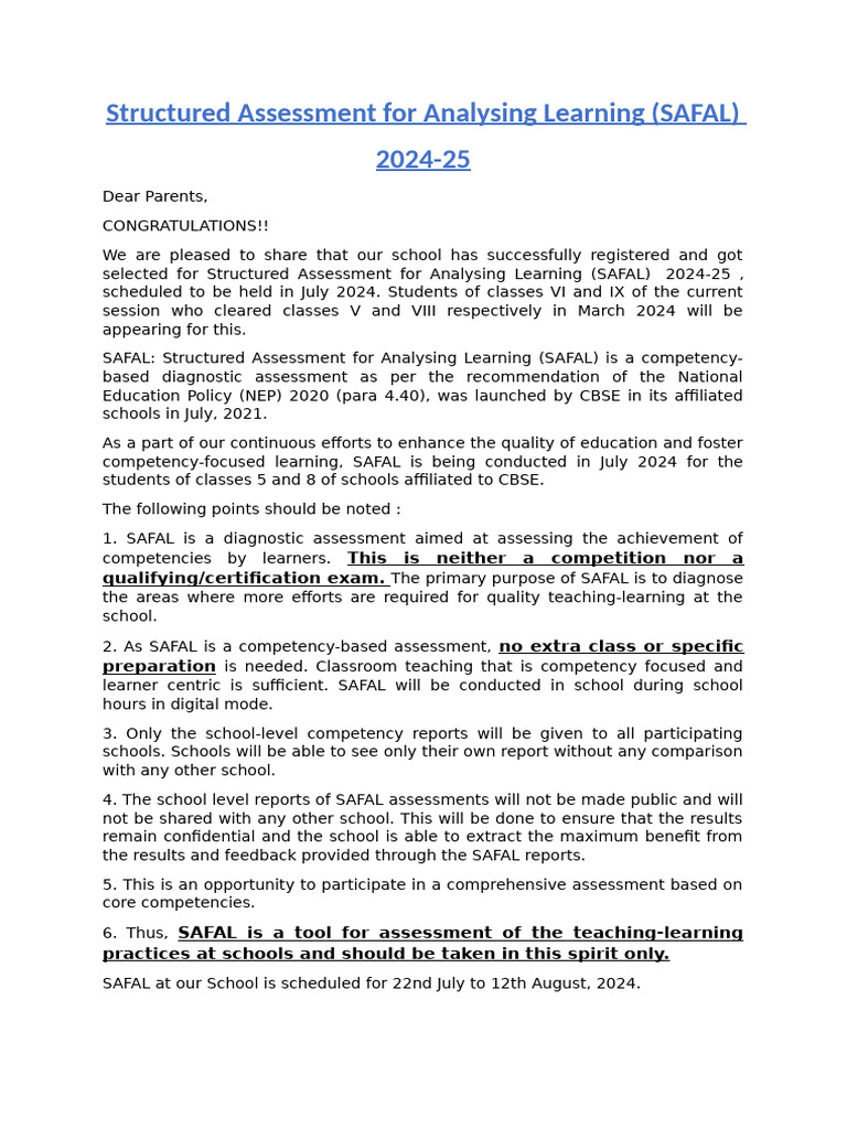 Safal Circular For Parents | PDF | Schools