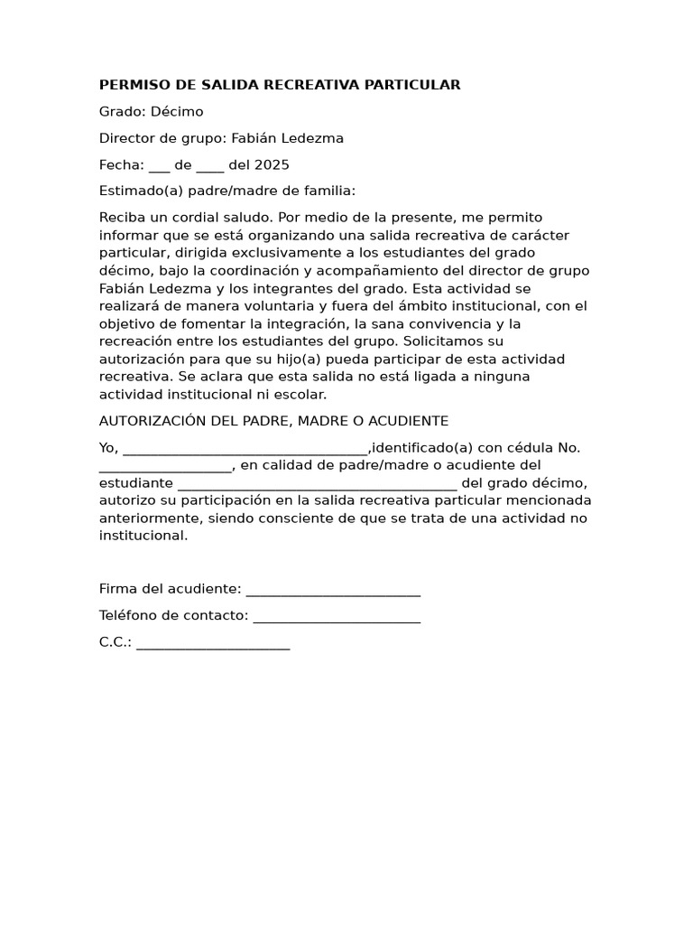 Permiso Salida Decimo 1 | PDF