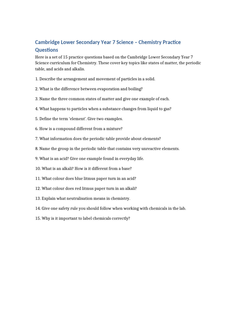 Y7 Chemistry Practice Questions | PDF
