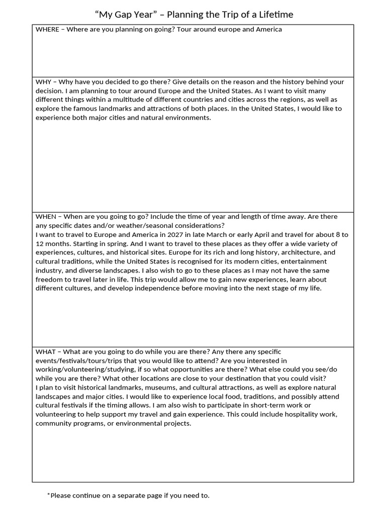 Planning For My Gap Year Lachlan Western | PDF