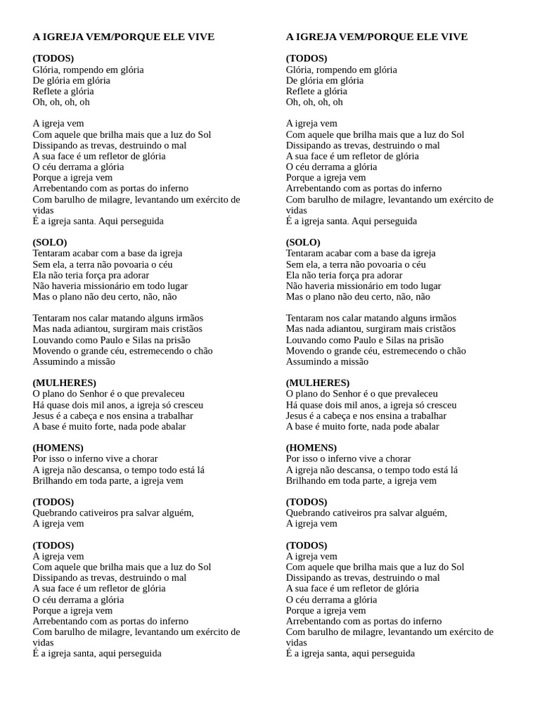 A Igreja Vem Letra + Porque Ele Vive PDF | PDF | Céu | Crença e ...