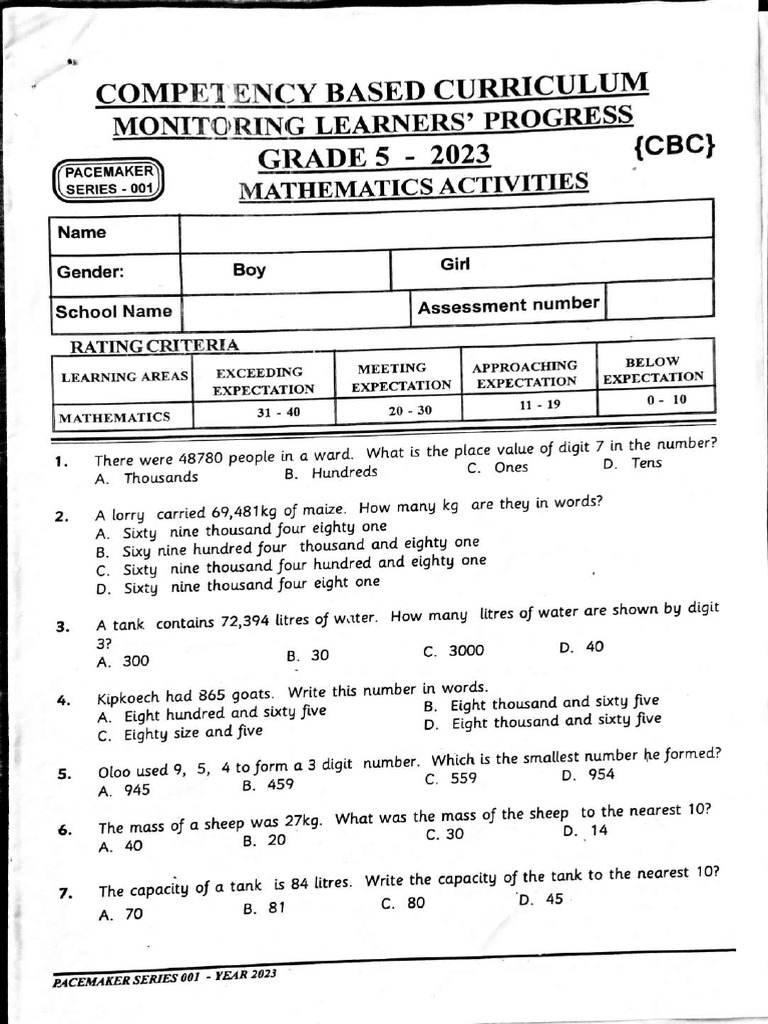 Grade 5 Pace Setter Code 001 All Subjects With Marking Scheme | PDF
