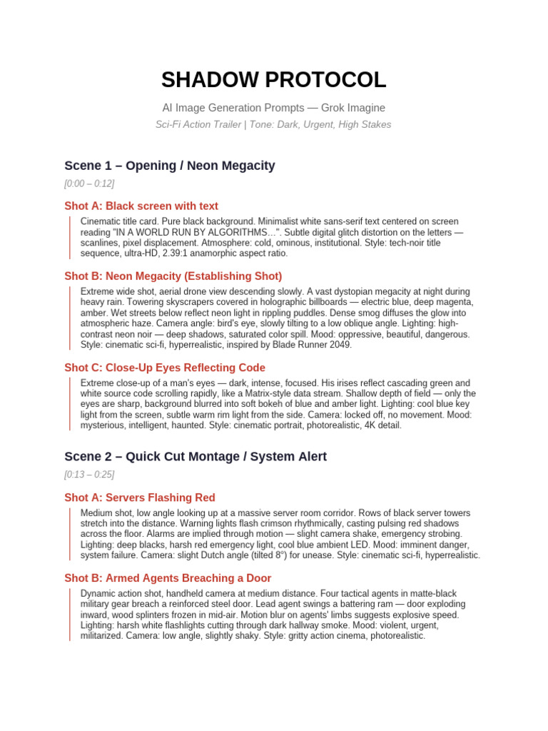 Shadow Protocol AI Prompts | PDF | Camera | Cinematography