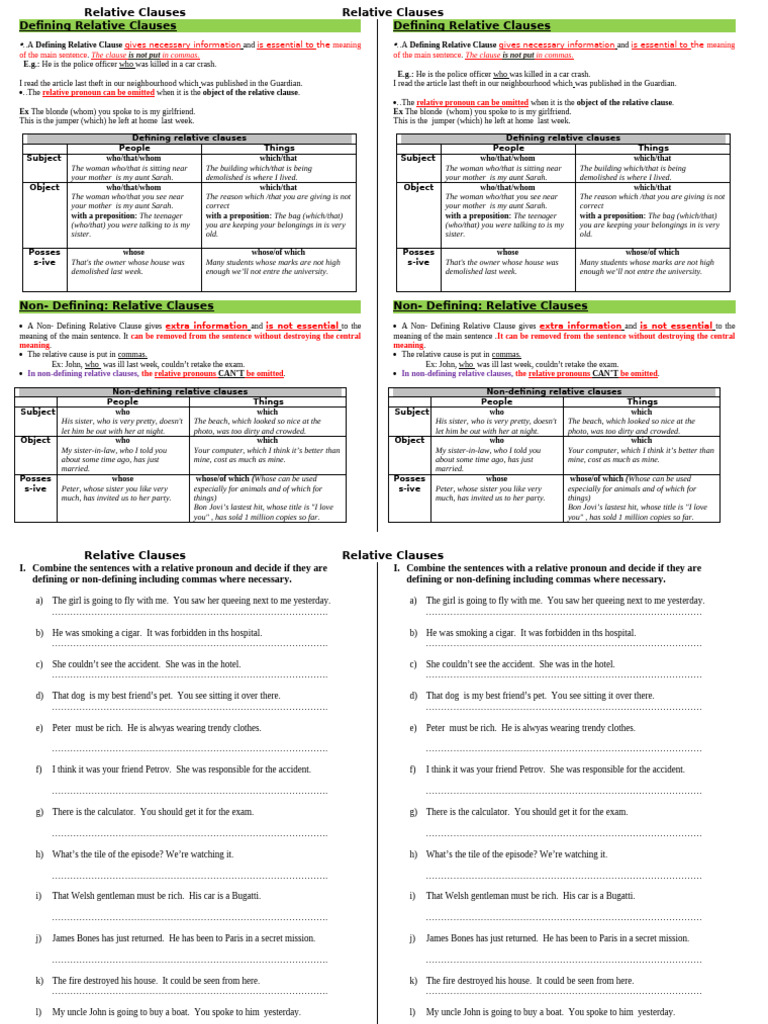 RELATIVE CLAUSE - Defining and Non-Defining | PDF | Subject (Grammar ...