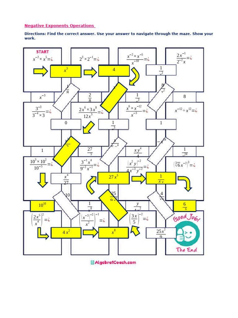1 9 Negative Exponents Operations Answers Maze Activity | PDF