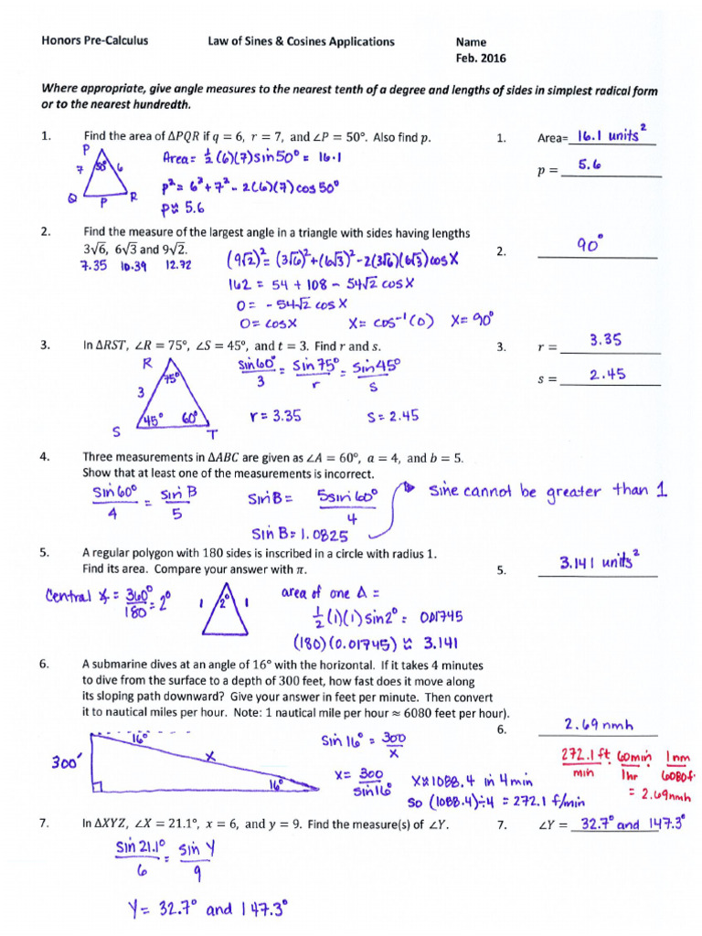 Law of Sines and Cosines Applications SOLUTION KEY | PDF