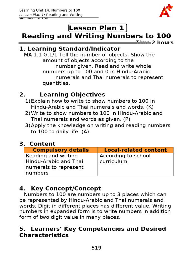 Lesson Plan 14-1 Reading and Writing Numbers To 100 | PDF | Learning ...
