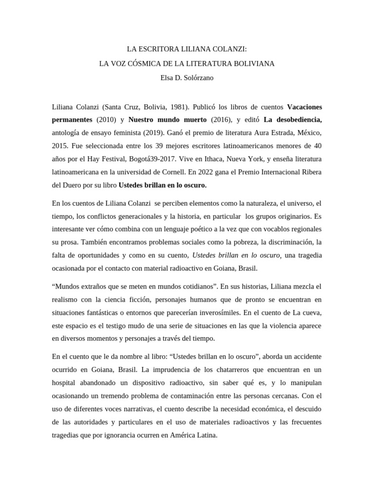 La Escritora Liliana Colanzi | PDF