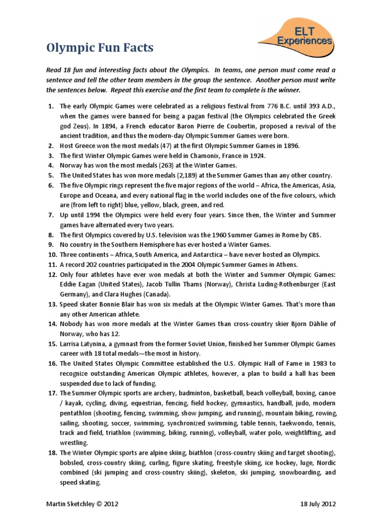 Olympic Fun Facts - Reading Dication Exercise (Answers) | PDF | Olympic ...