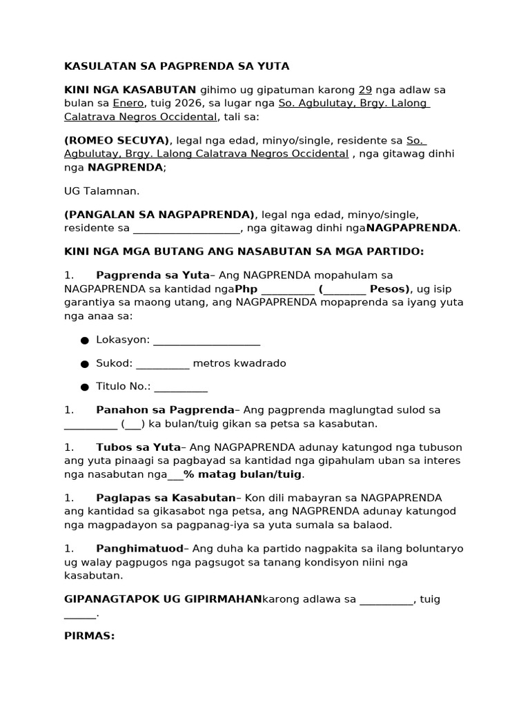 Agreement Sa Pag Prenda Sa Yuta Sample 1771594485853 | PDF