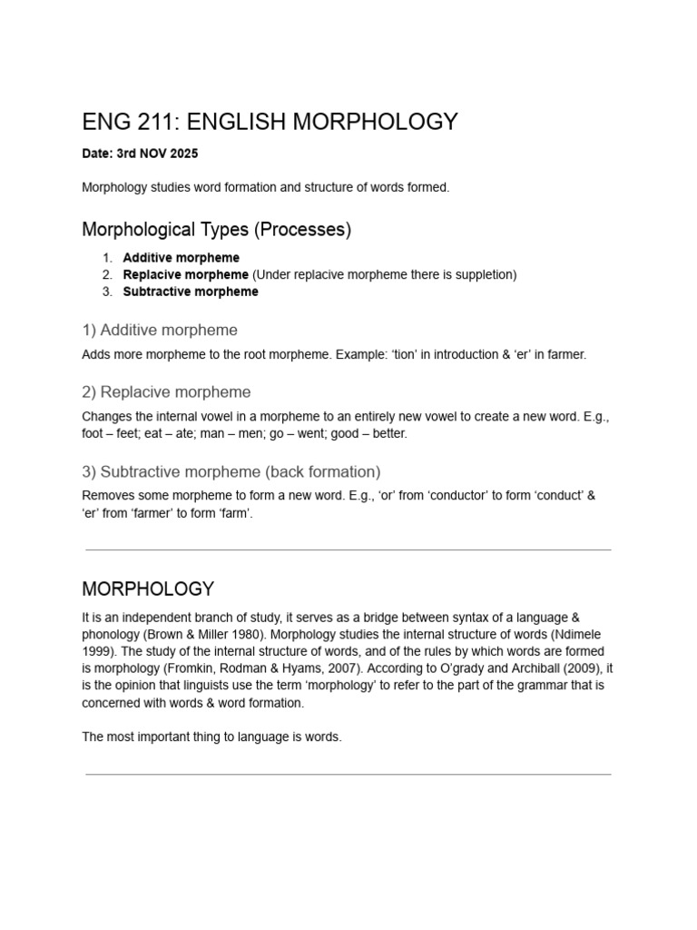 Eng 211 - English Morphology | PDF | Word | Part Of Speech