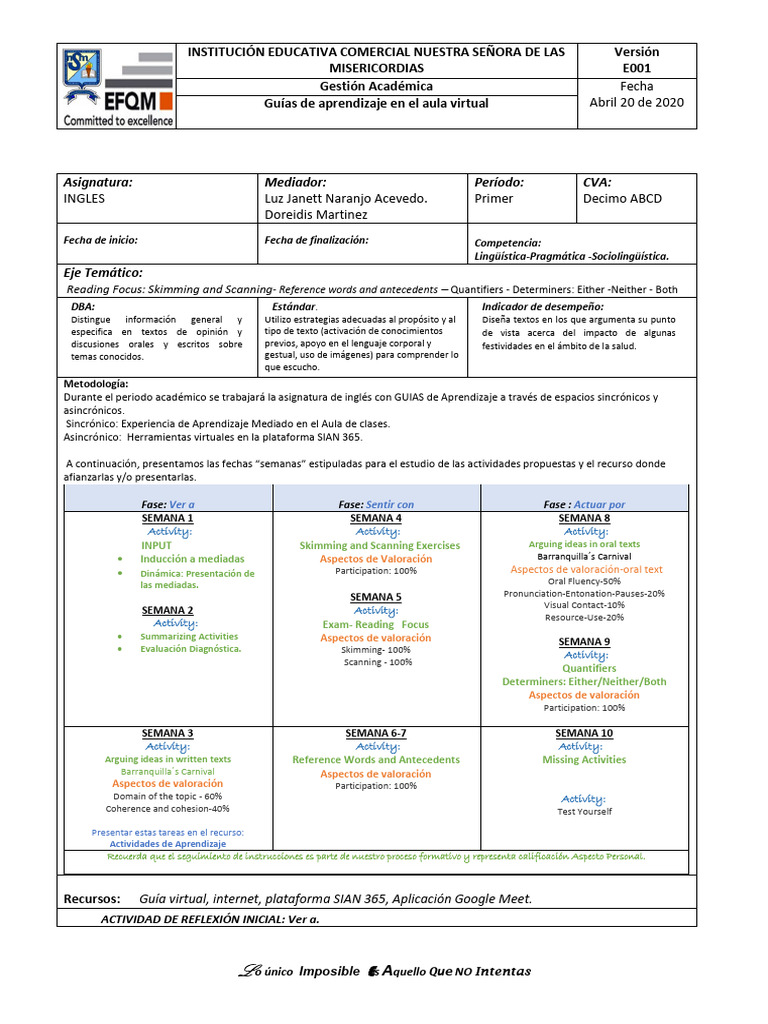 Guía 10-1-2023 Induction Reference Words Quantifiers Determiners | PDF | Aprendizaje