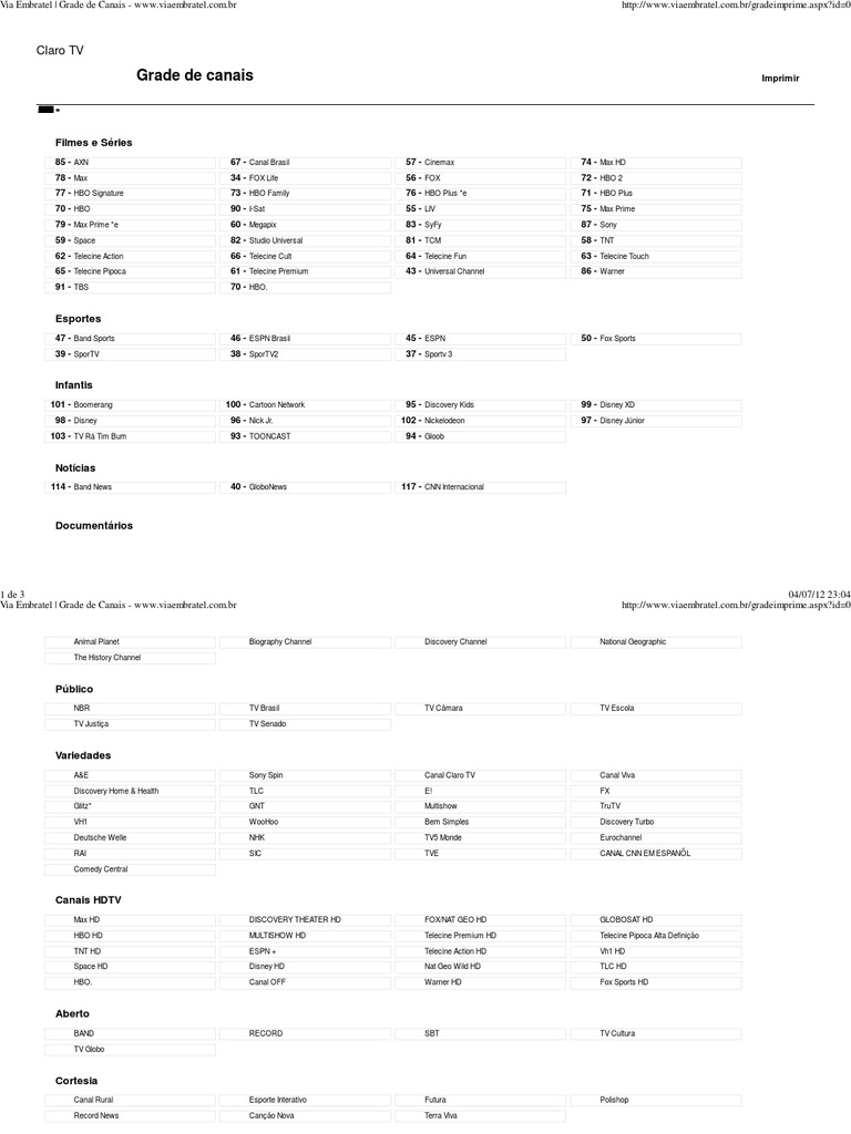 Via Embratel - Grade de Canais | PDF | Hbos | Media Formats