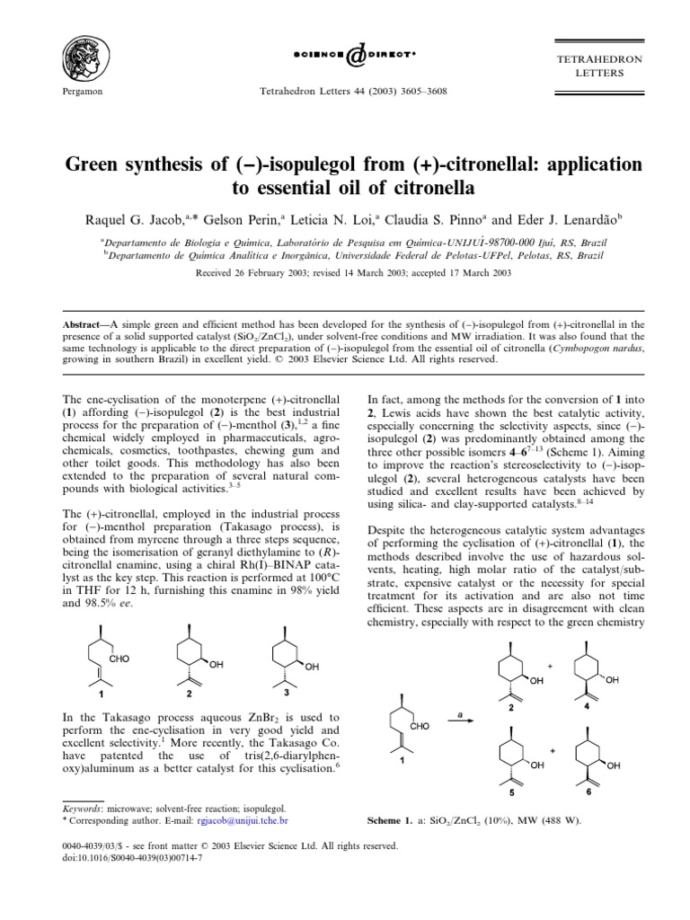 Isopulegol From Citronellal | PDF | Silicon Dioxide | Catalysis