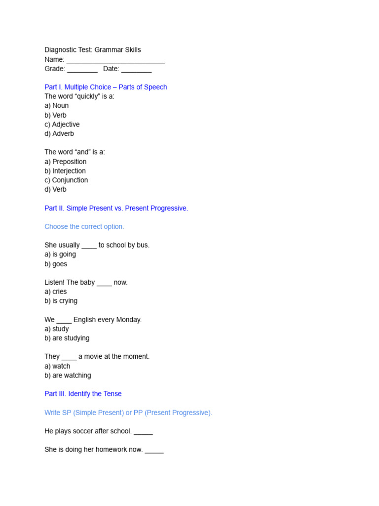 Diagnostic Test - Grammar Skills | PDF
