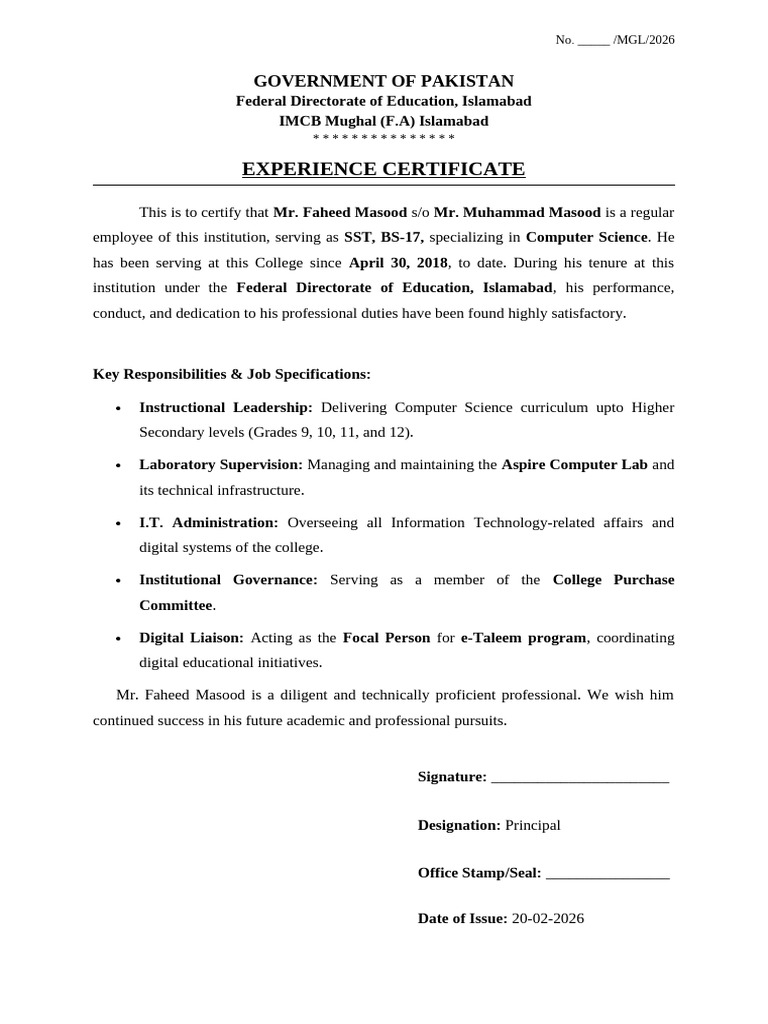 Experience Certificate Faheed Masood | PDF