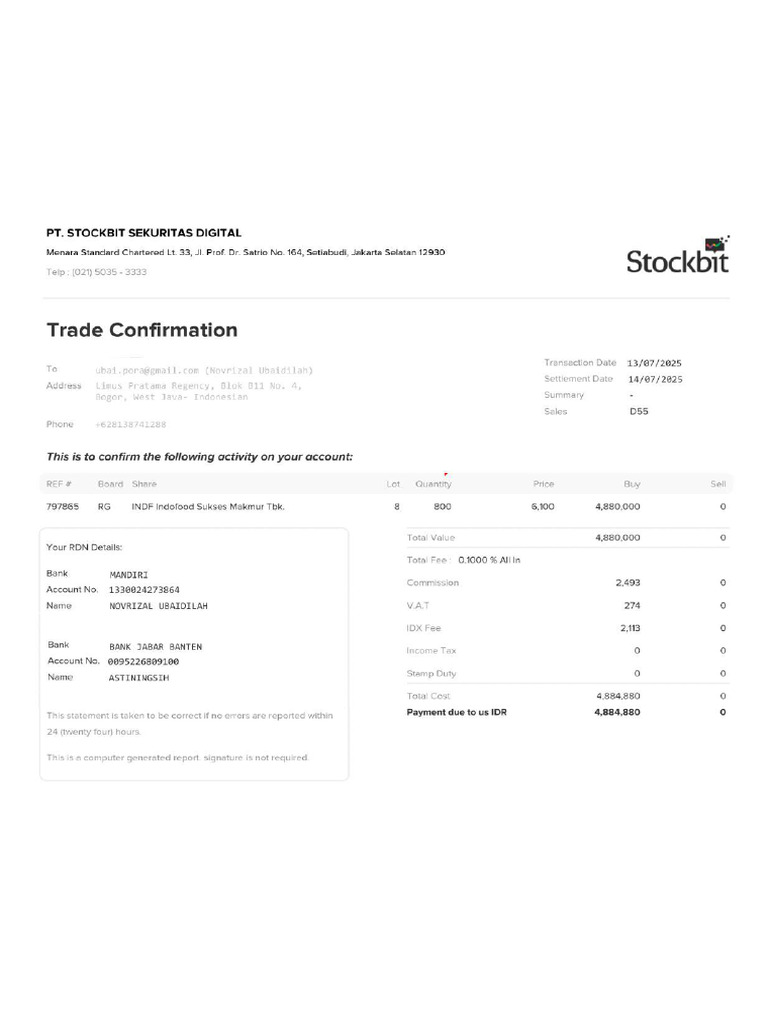 Trade Confirmation NOVRIZAL | PDF
