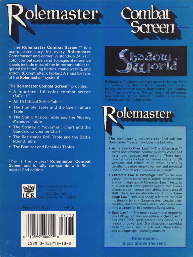 ICE#1001 Rolemaster Combat Screen | PDF