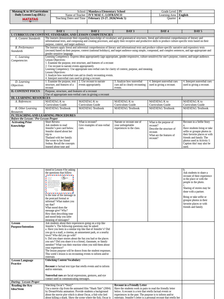 Q4-English 4 Week 5-DLL | PDF | Body Language | Nonverbal Communication