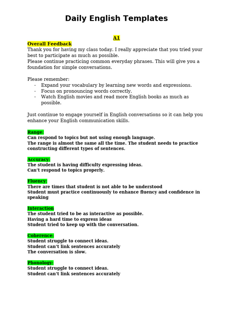 Templates For Daily English ET Class BSR | PDF | English Language | Fluency