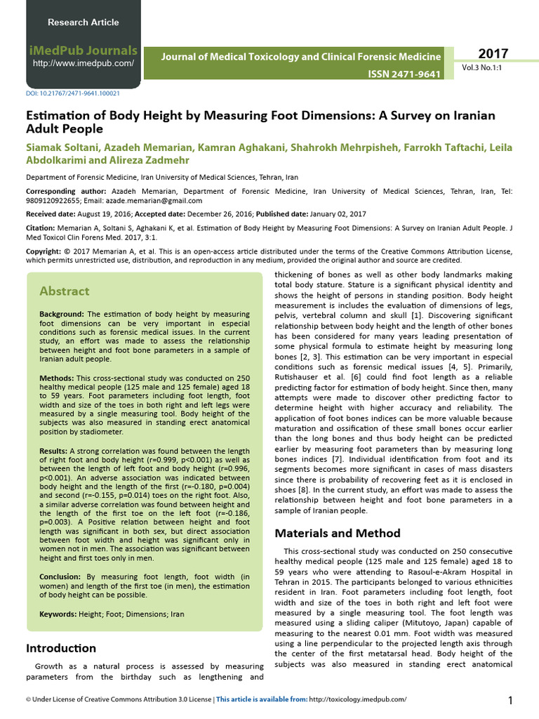 Estimation of Body Height by Measuring Foot Dimens | PDF | Bone | Foot