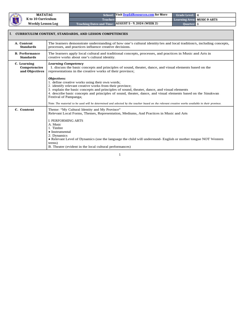 DLL Matatag - Music & Arts 4 q1 w2 | PDF | Dances | Learning