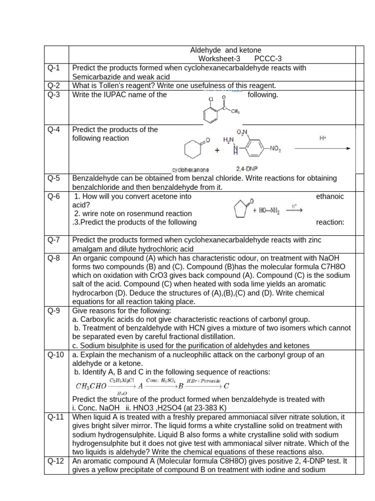 12 - Worksheet - Aldehyde and Ketone | PDF | Aldehyde | Ketone