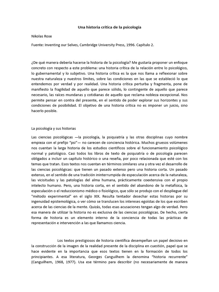 3- Rose, Nikolas. Una Historia Crítica de La Psicología | PDF ...