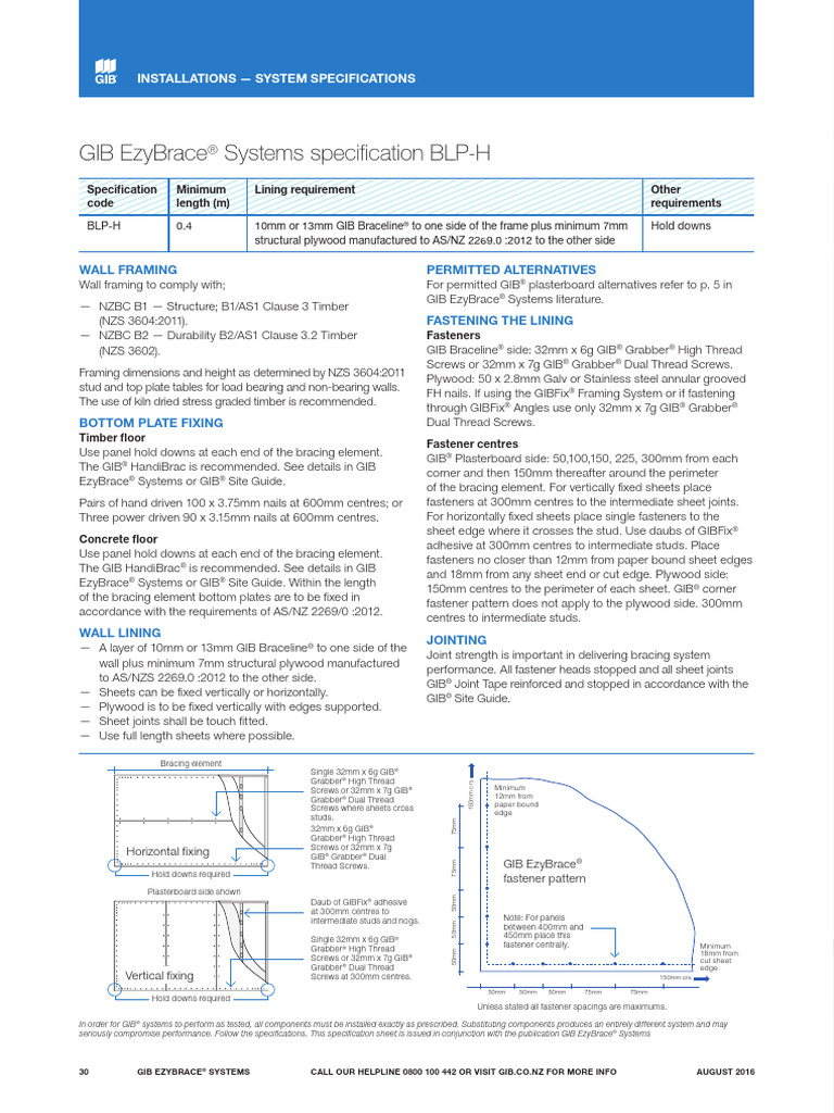GIB EzyBrace System Sheet BLP H | PDF | Screw | Drywall