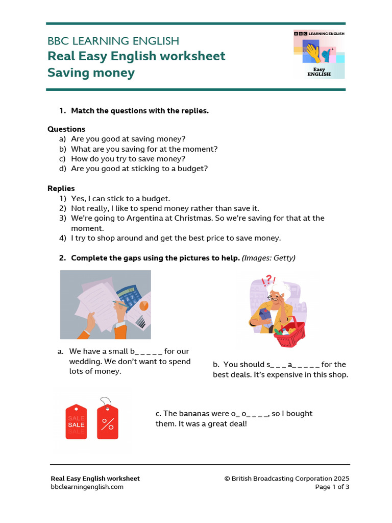 RealEasyEnglish Saving Money Worksheet | PDF
