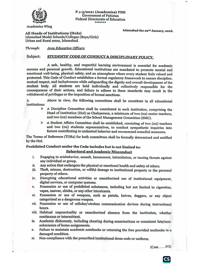 Students Code of Conduct 2026 | PDF
