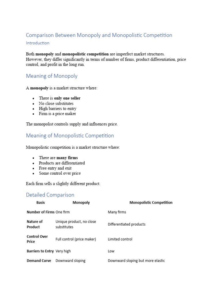 Comparison Between Monopoly and Monopolistic Competition | PDF