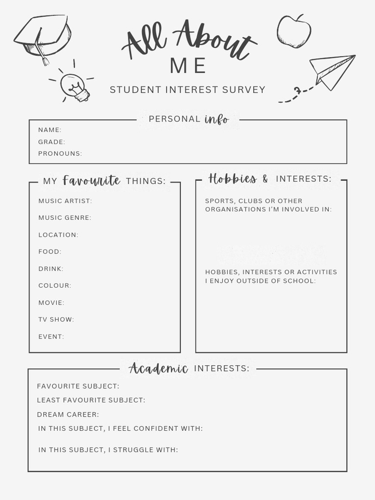 Student Interest Survey Worksheet in Greyscale Hand Drawn Style | PDF