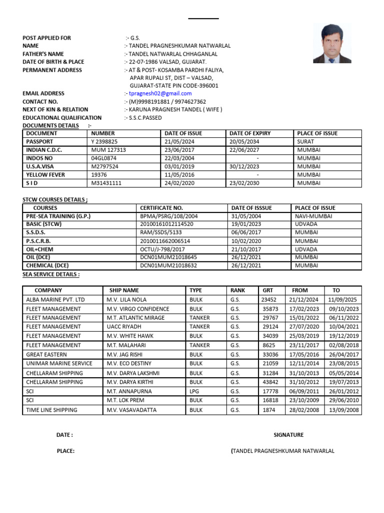 Tandel Pragnesh Bio Data | PDF