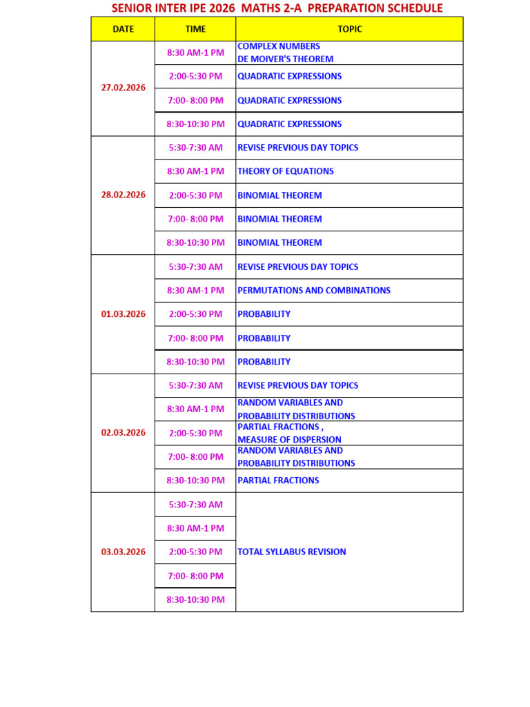 SR Inter - Maths-2a Ipe Prepare Schedule | PDF
