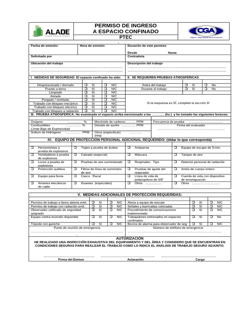 A 5 PTEC Permiso Espacios Confinados | PDF