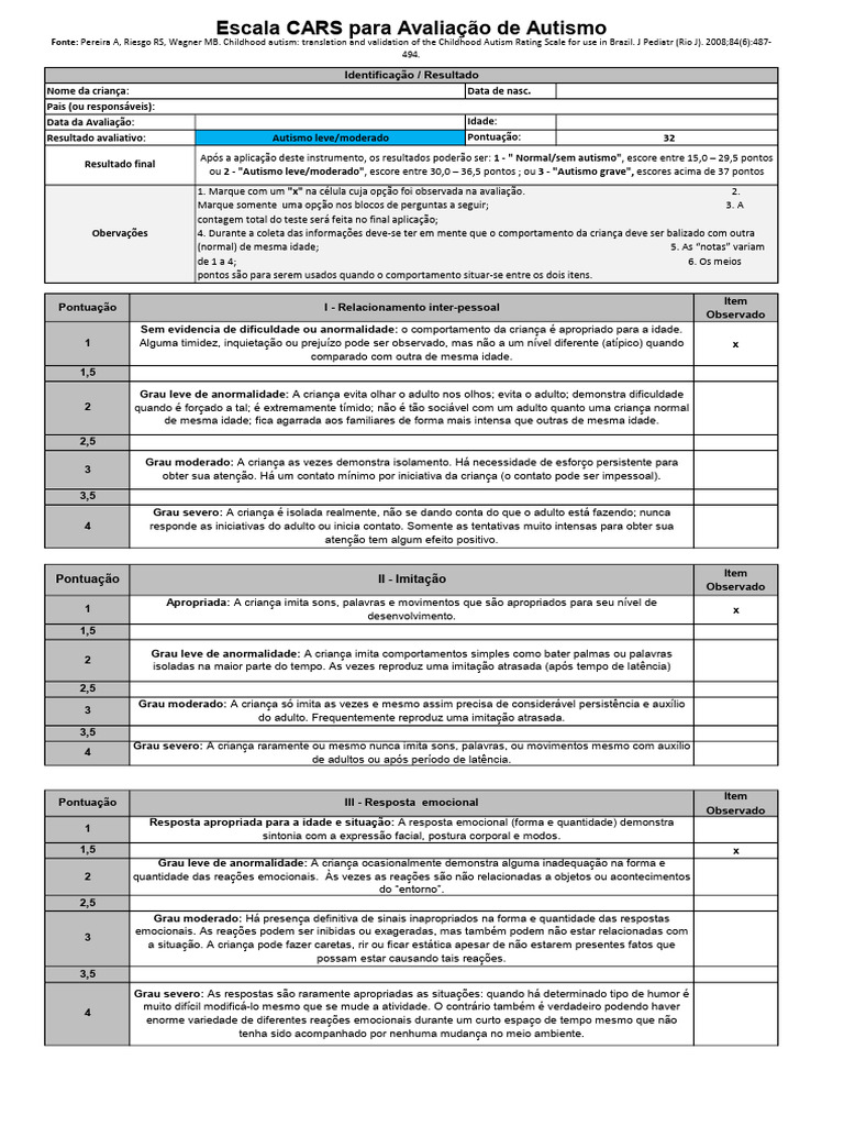 CARS TESTE | PDF | Autismo | Discurso