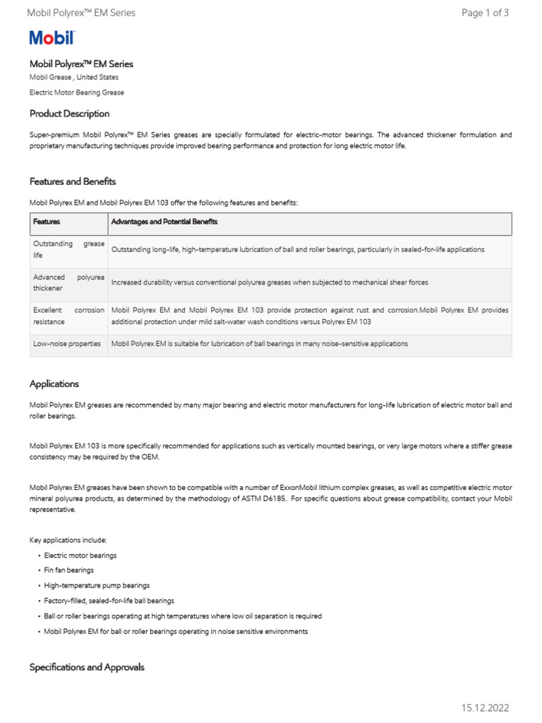 Mobil Polyrex EM Series | PDF | Bearing (Mechanical) | Exxon Mobil