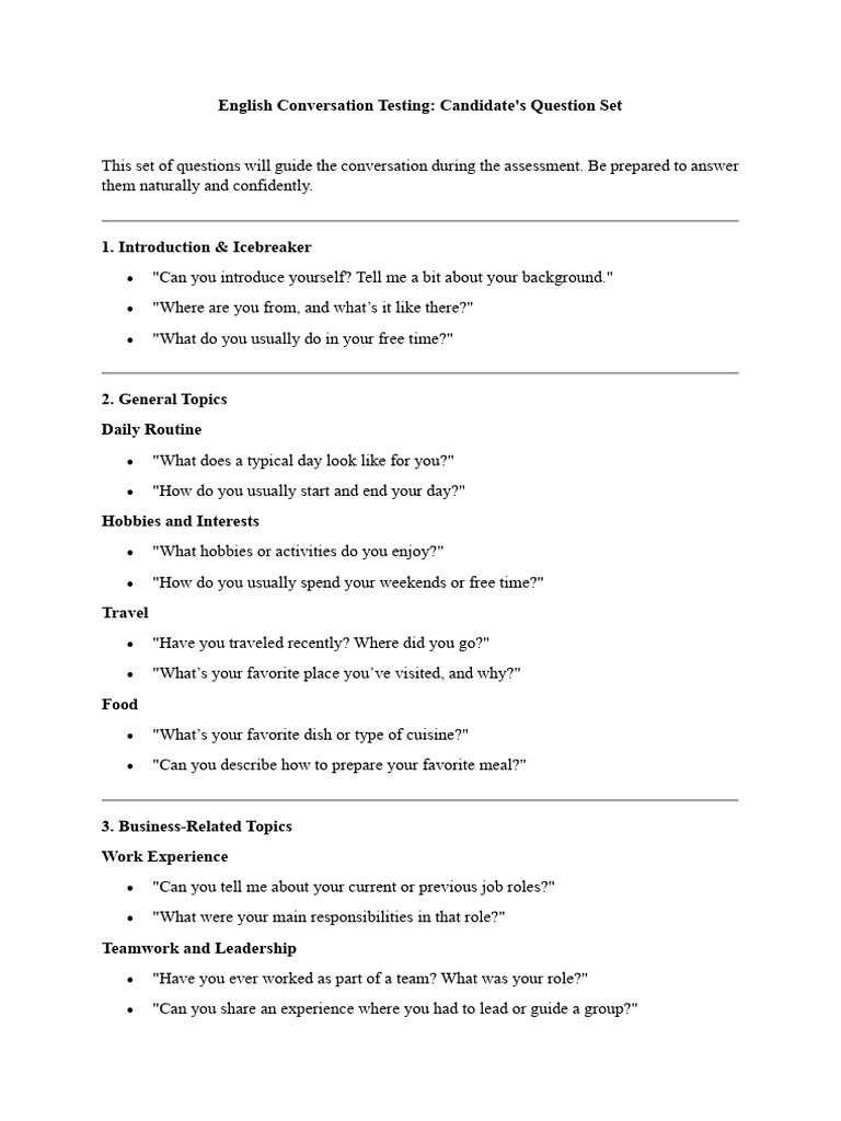 English Conversation Testing - Candidate's Set | PDF