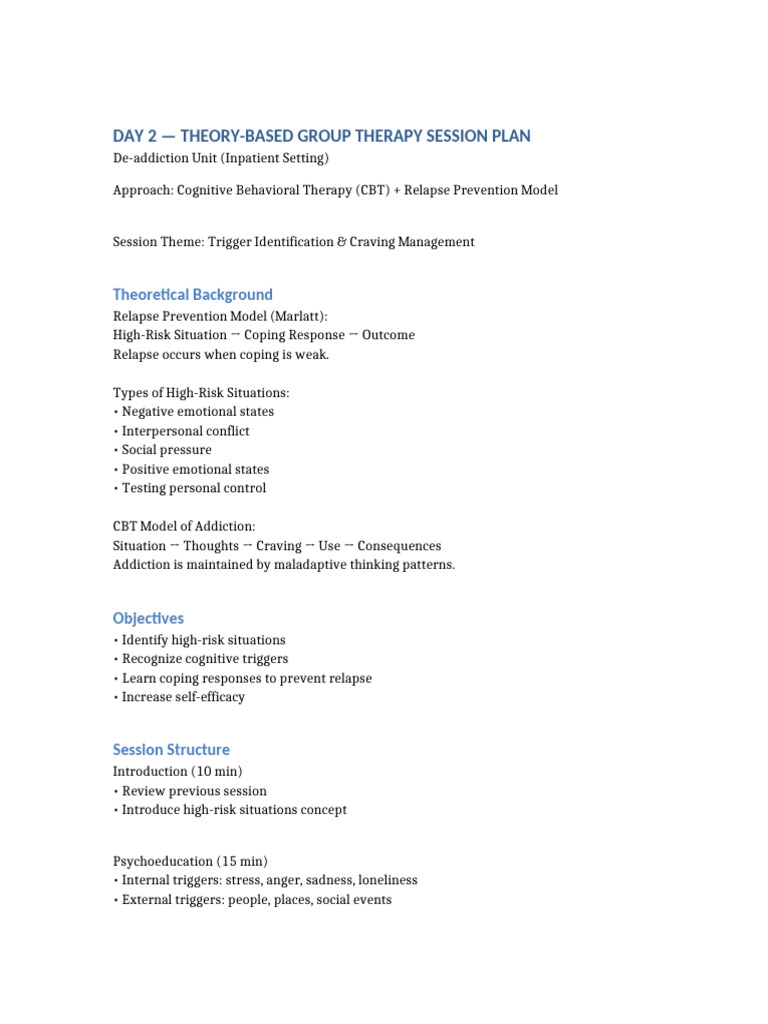 Day 2 Group Therapy Session Plan | PDF