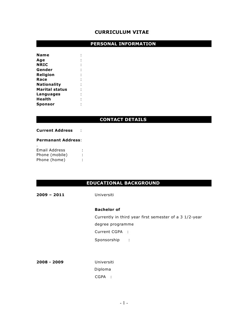 Curriculum Vitae: Name Age Nric Gender Religion Race Nationality ...