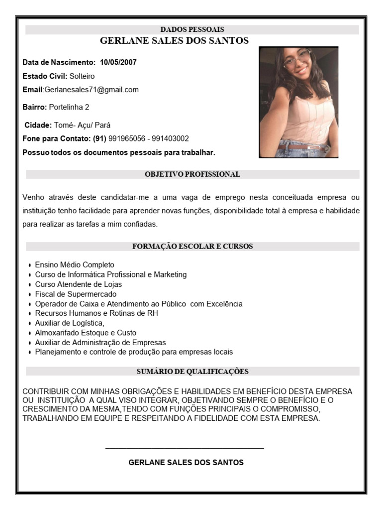 Currículo Gerlane Sales | PDF