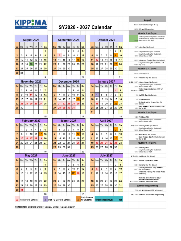 KIPP MA SY26-27 Calendar (Public) - SY26-27 | PDF