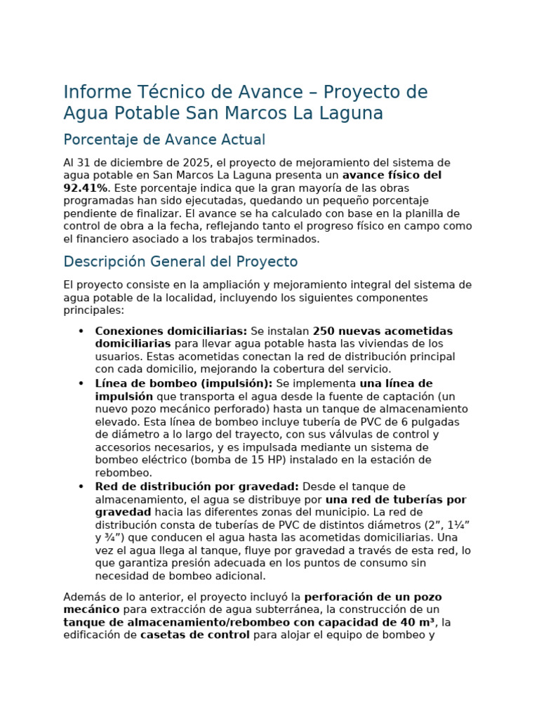 Informe Técnico de Avance - Proyecto de Agua Potable San Marcos La ...