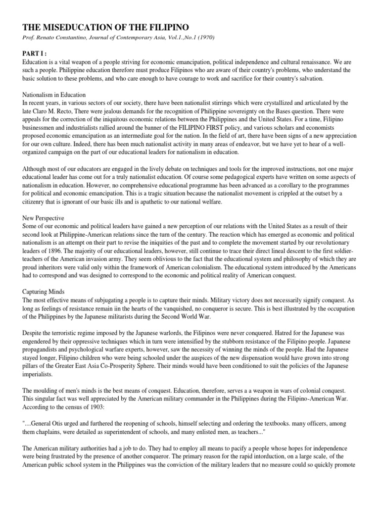 The Miseducation of The Filipino by Renato Constantino | PDF | Tagalog ...