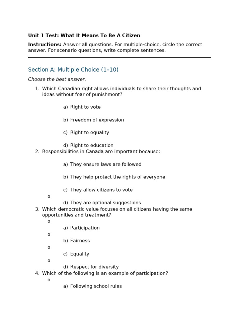 Unit1 Civics Ad Citizenship Test | PDF | Citizenship | Multiple Choice