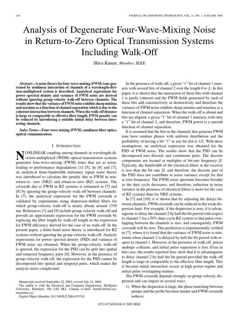 Analysis of Degenerate Four-Wave-Mixing Noise in Return-to-Zero Optical Transmission Systems ...