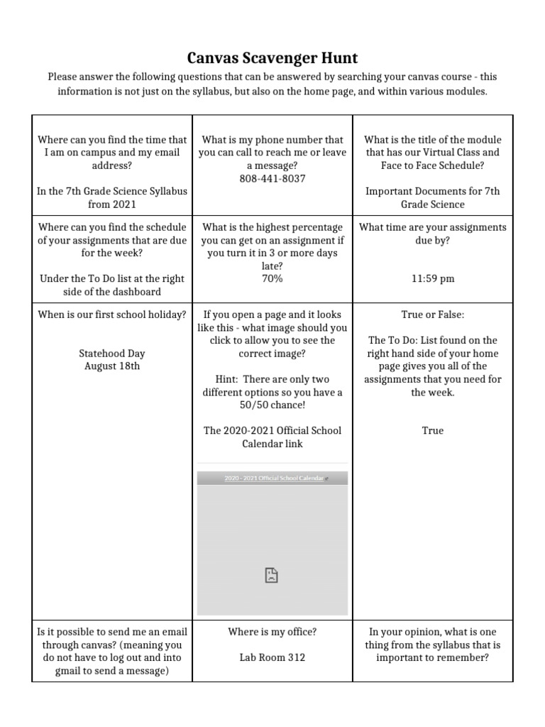 7th Grade Science - Canvas Scavenger Hunt | PDF