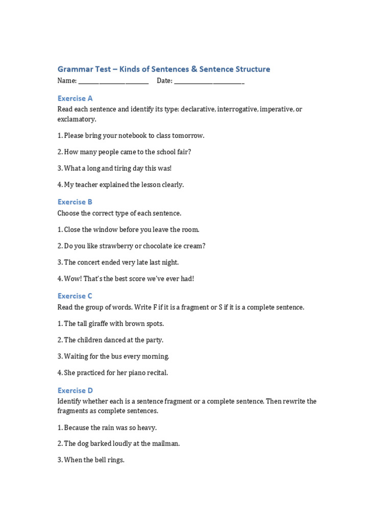 Grammar Test 10 Exercises Mixed | PDF | Sentence (Linguistics ...