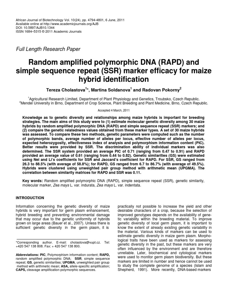 Random Amplified Polymorphic DNA (RAPD) and SSR Marker Efficacy For ...